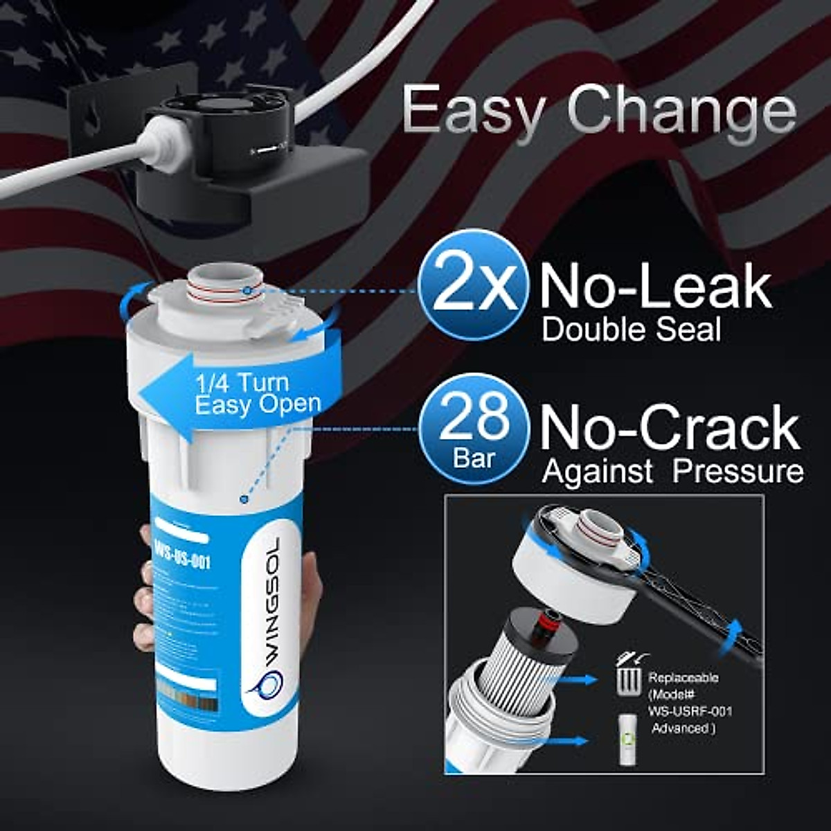 Wingsol Under Sink Water Filter with Faucet, NSF/ANSI 53&42, Reduce 99.99% Lead, Chlorine, Heavy Metals, Alkaline Water & Mineral Water, Anti-Clogged No-Crack No-Leak, Easy Change, Life Indicator
