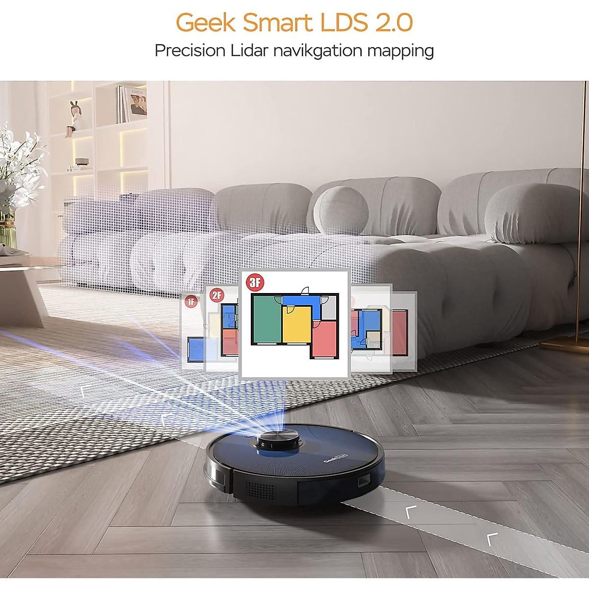 Geek Smart Robot Vacuum Cleaner and Mop L7, LDS Navigation, Wi-Fi Connected APP, Selective Room Cleaning, MAX 2700 PA Suction, Blue Ideal for Pets and Larger Home