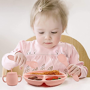 Silicone Baby Feeding Set, Baby Led Weaning Supplies with Suction Plates, Bowls Toddler Self Feeding Dish Set with Spoons Forks, Feeding Mat