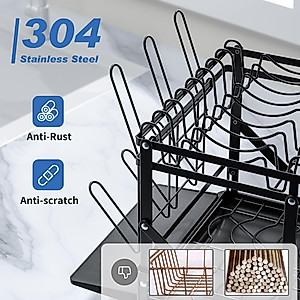 ITHSKUILL Dish Drying Rack, Stainless Steel Large Dish Racks for Kitchen Counter, 2 Tier Collapsible Dish Drainer with Drainboard, Kitchen Drying Rack with Utensils Holder, Cups Holder