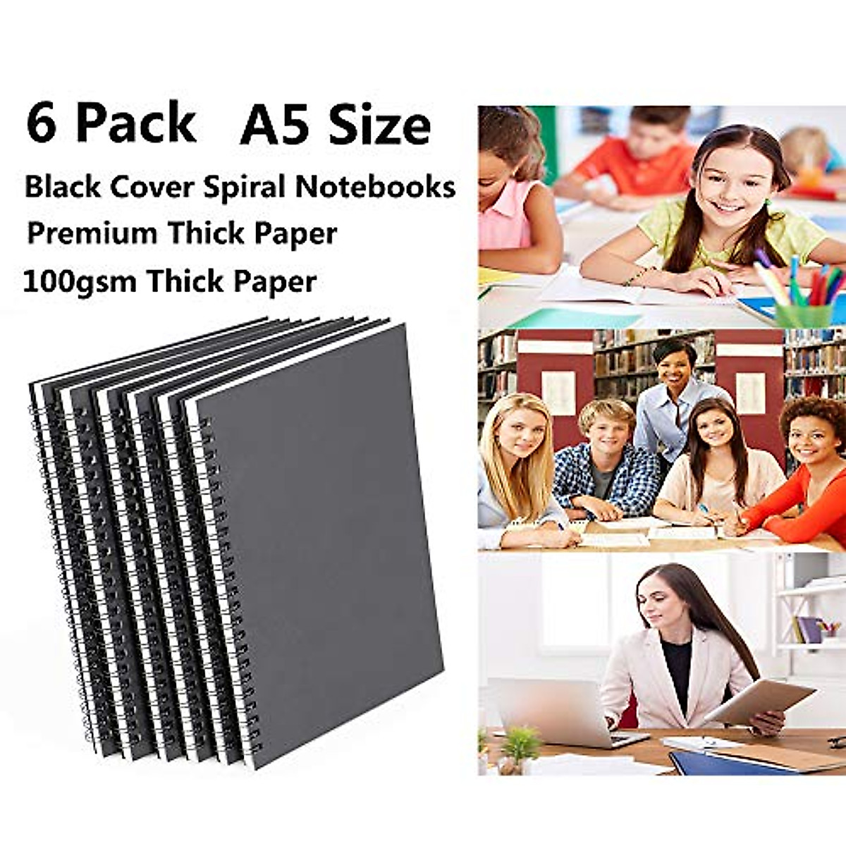 Zegrox 6 Pack Black cover Spiral Notebook, Blank Sketch Book Pad, Subject Notebooks,50 Sheets (100 Pages)-8.27x 5.59inch,A5 size Notebook.