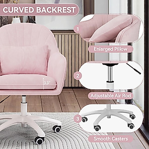 Nalupatio Home Office Chair,Swivel Height Adjustable Upholstered Velvet Computer Task Chair, Vanity Makeup Chair with Wheel&Pillow,Mid-Back Modern Accent Chair for Bedroom Reading Room,Light Pink
