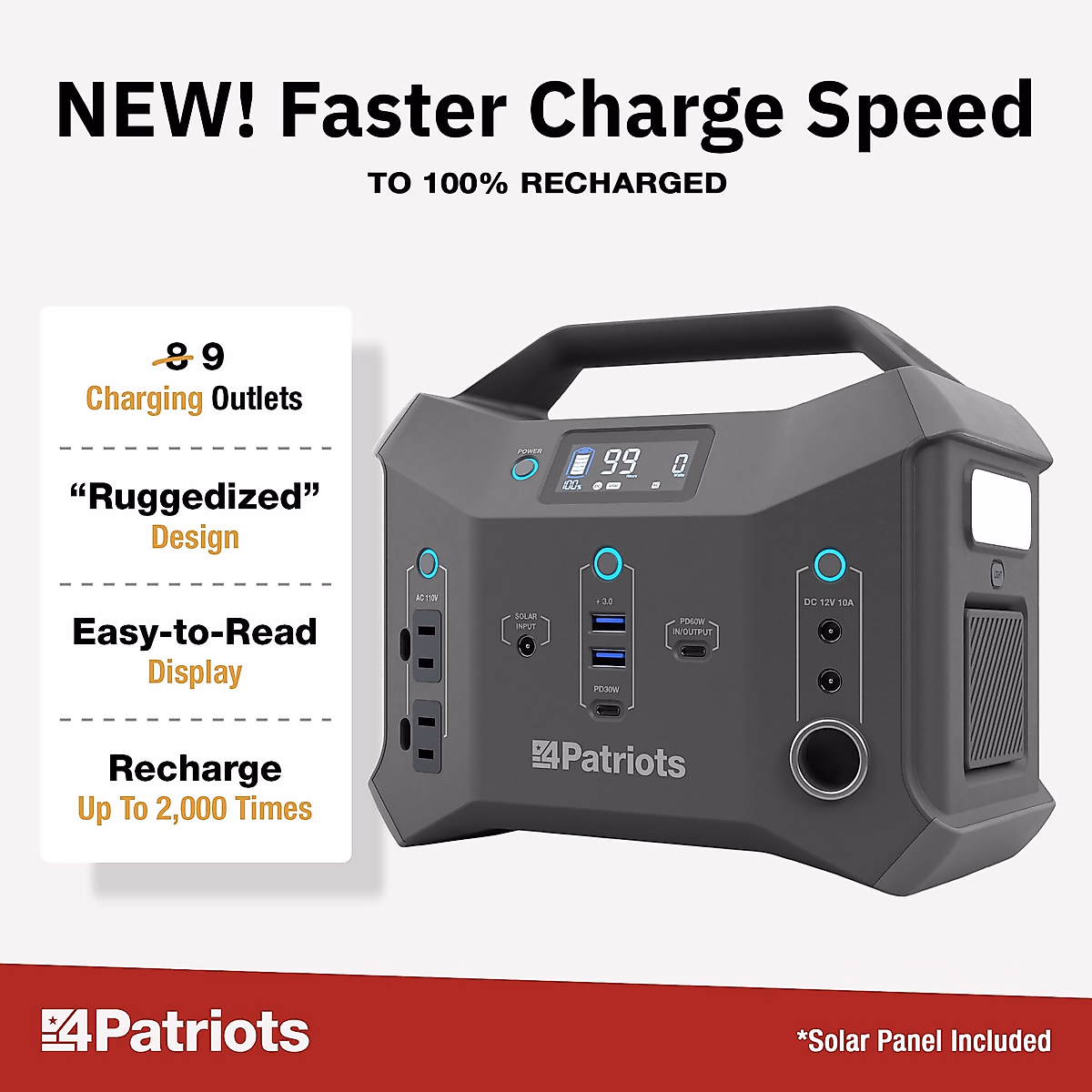 4Patriots Patriot Power Sidekick Solar Generator, 300wH Portable Power Station with 40 Watt Solar Panel, AC Fast Charging in 5 Hours, Dual 110V AC Outlets, Only 8 Lbs, Perfect for Camping Accessories