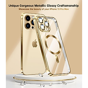 Waldeng for iPhone 13 Pro Max Case with Integrated Camera Lens Protection, [Seamless Work with Magsafe] [Metallic Glossy Soft Bumper], Diamond Clear Stylish Case for iPhone 13 Pro Max 6.7", Royal Gold