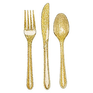 Creative Converting 24-Piece Premium Plastic Assorted Cutlery, Glitz Gold Glitter - 019805