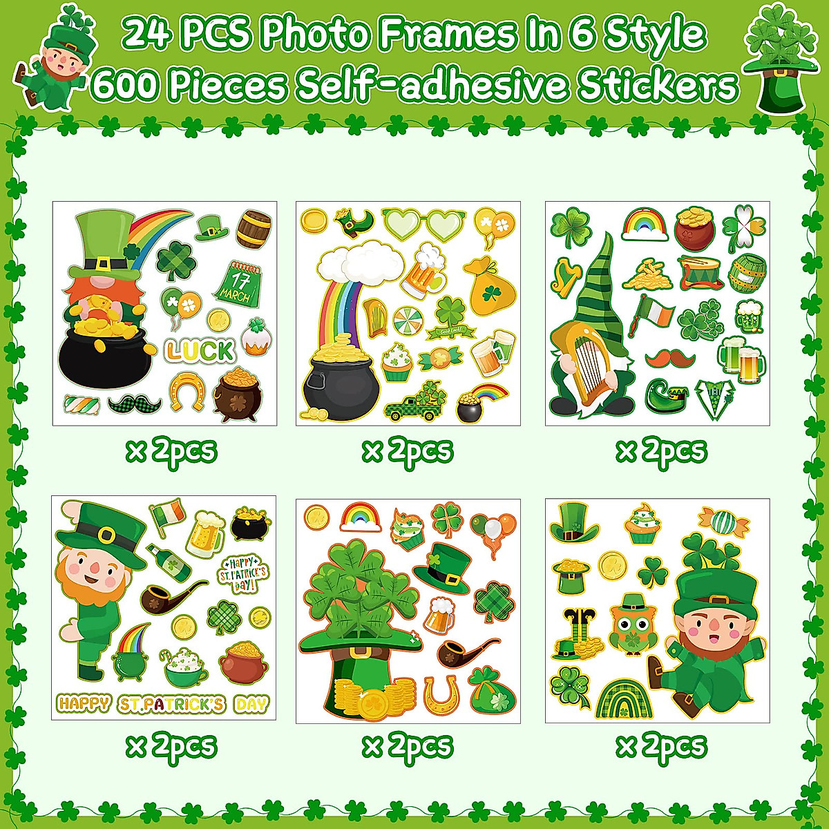 24 Sets St. Patrick's Day Crafts for Kids DIY Picture Frames Craft Kits Irish Shamrock Paper Photo Frames Saint Patricks Day Arts and Crafts with Stickers for Party Favors Home Class Game Activities