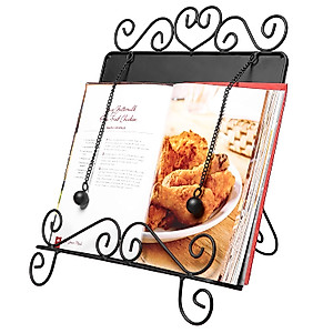 MyGift Black Metal Cookbook Stand for Kitchen Counter, Cookbook Easel Stand with Weighted Page Holder and Vintage Scrollwork Design