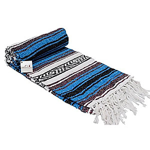 Open Road Goods Bright Blue Mexican Blanket - Authentic Serape Falsa Blanket | Handmade Mexican Throw Blanket | Handwoven XL Blanket from Mexico