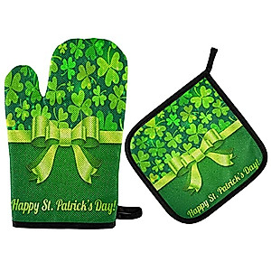 Green Saint Patrick's Day Ribbon Oven Mitts Pot Holder Sets 2pcs Spring Shamrock Leaves Non-Slip Kitchen Heat Resistant Hot Pads for Women Cooking Gloves Baking Wear BBQ