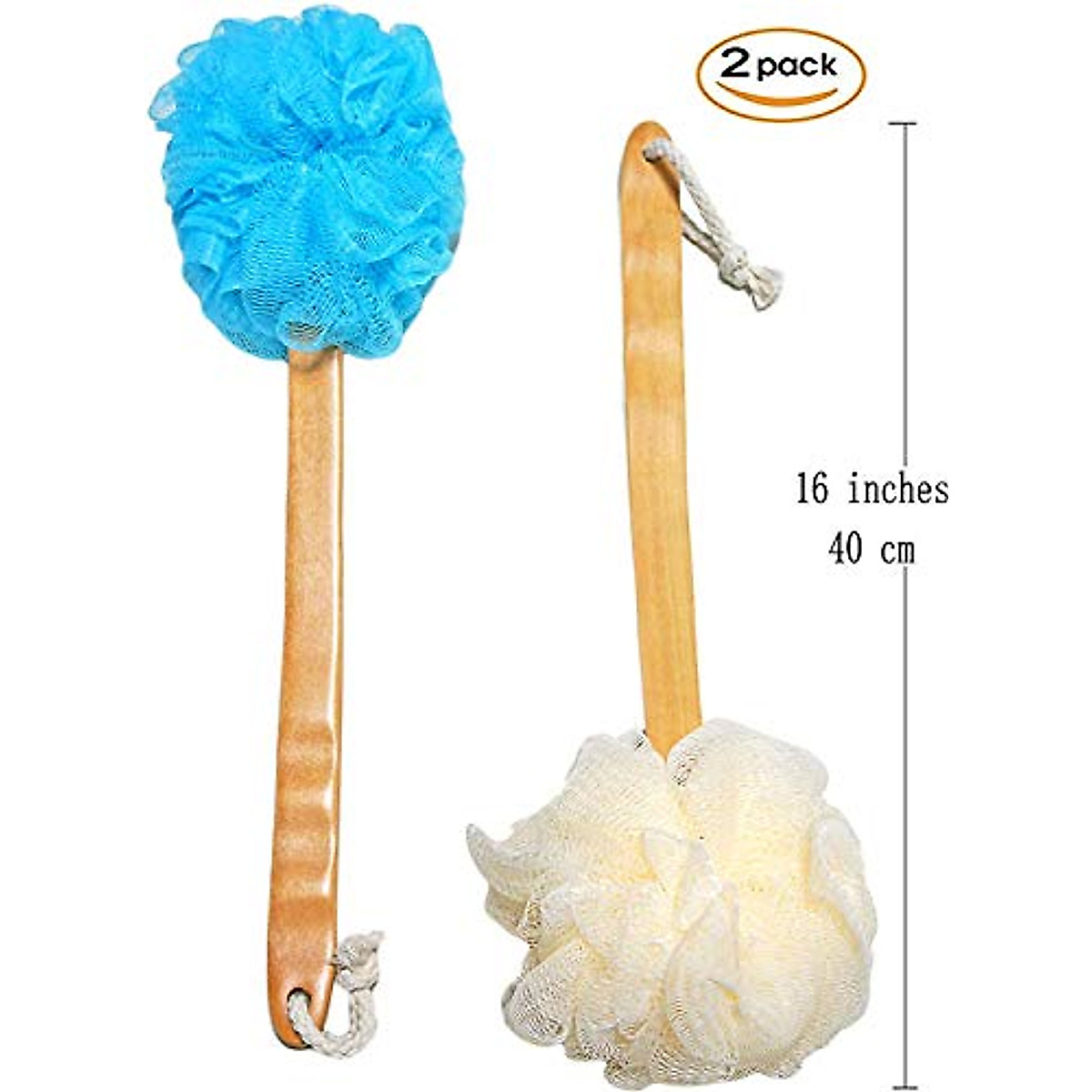 2-Pack Shower Loofah Body & Back Scrubber - Exfoliating Loofah luffa loofa Bath Brush On a Stick - With Long Wooden Handle Back Brush For Men & Women - Easy Reach Body Wash & Lotion Applicator