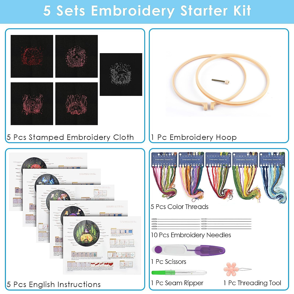 ERKOON 5 Sets Embroidery Kit for Beginners, Art Craft Handy Sewing Set Mushroom Cross Stitch Starter Kits, DIY Embroidery Kits with Patterns and Instructions Hoops Needles Threads