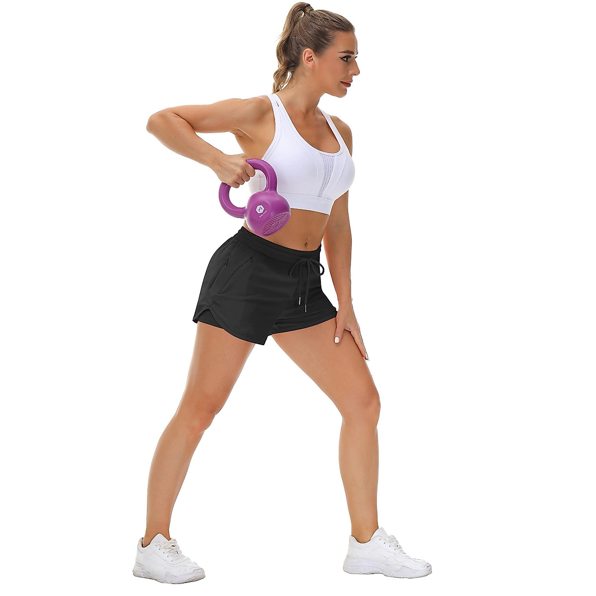 Mancreda Women's Running Shorts with Liner 3 Zipper Pockets Elastic Workout Athletic Gym Yoga Shorts(BK,M) Black