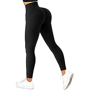 SUUKSESS Women Ribbed Seamless Leggings High Waisted Tummy Control Workout Yoga Pants (Black, M)