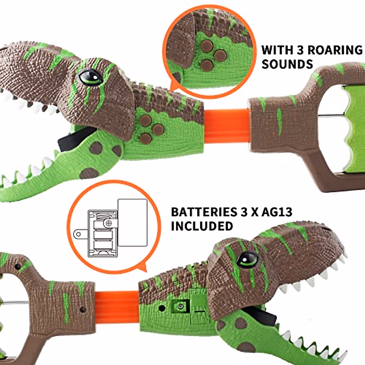DINOBROS Dinosaur Chomper Toys for Kids with 3 Roar Sounds and Light Jurassic Dinosaurs Grabber Claw T-Rex Reacher Robot Hand Pincher Dino Snapper