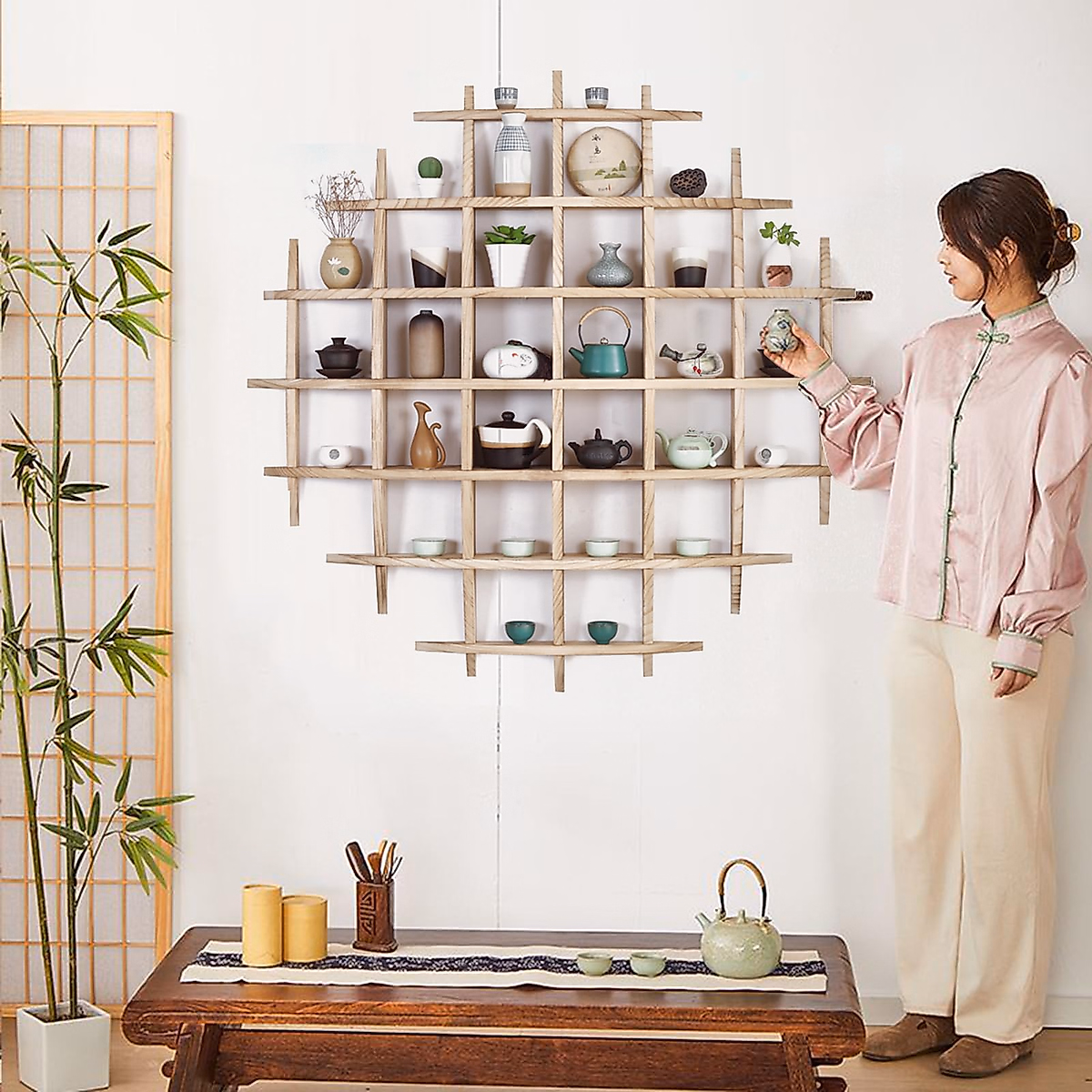 XIMSPHY Solid Wood Chinese Tea Cup Holder, Wall Mounted Teapot Display Stand, Wall Decoration Teaware Shelf Storage Rack for Living Room Kitchen Office Commercial (Carbonization Color, 39x39'')