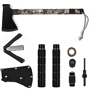 Yeacool Camping Hatchet, Survival Axe, with Sharpener, Sheath, Tactical Axe Multitool, for Camping, Hiking, Survival, Hunting and Emergency