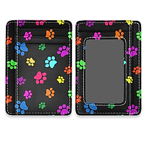 Linomo Thin leather Card Holder and Money Clip Colorful Dog Paw Print Wallet RFID Blocking for Men & Women