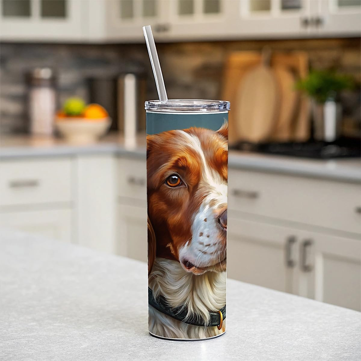 Brittany Spaniel Dog Illustration Skinny Tumbler 20oz with Straw Insulated Water Bottle Gift