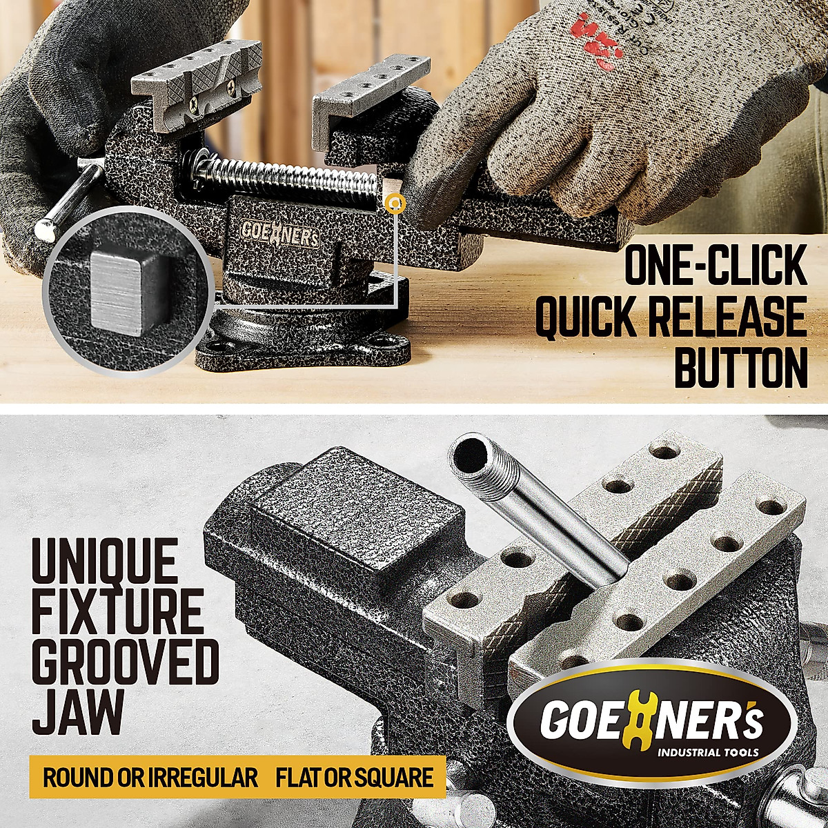 Dual-Purpose Bench Vise 3.3”, 360° Swivel Clamp-on Table Vise with Heavy Duty Forged Steel Construction, Grooved Jaw, Portable Vice for Workbench, Woodworking, Home Workshop and DIY Jobs