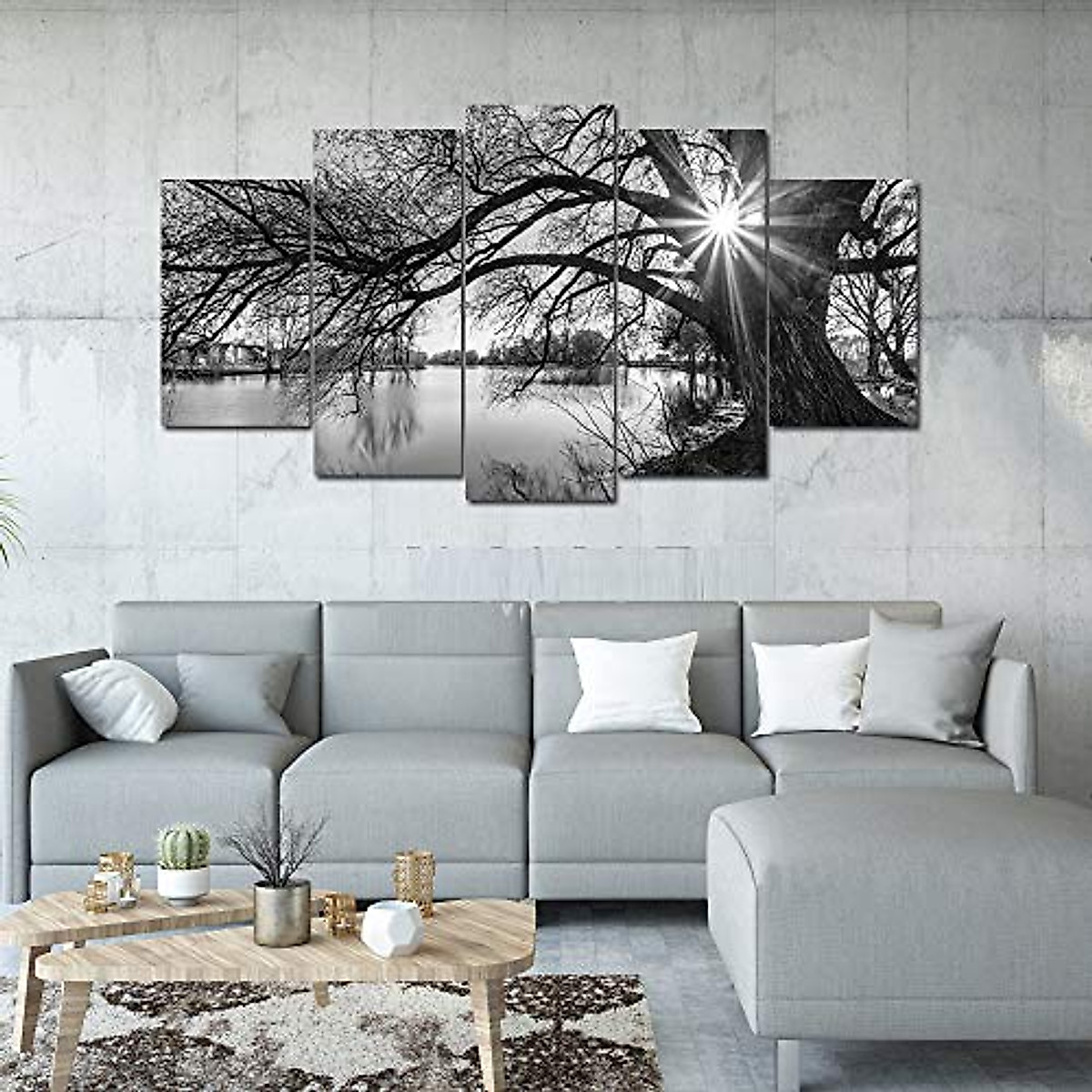 sechars - 5 Pieces Wall Art Old Tree by Lake Picture Canvas Prints Sunrise Painting Black and White Landscape Canvas Art Modern Wall Decoration Framed and Ready to Hang