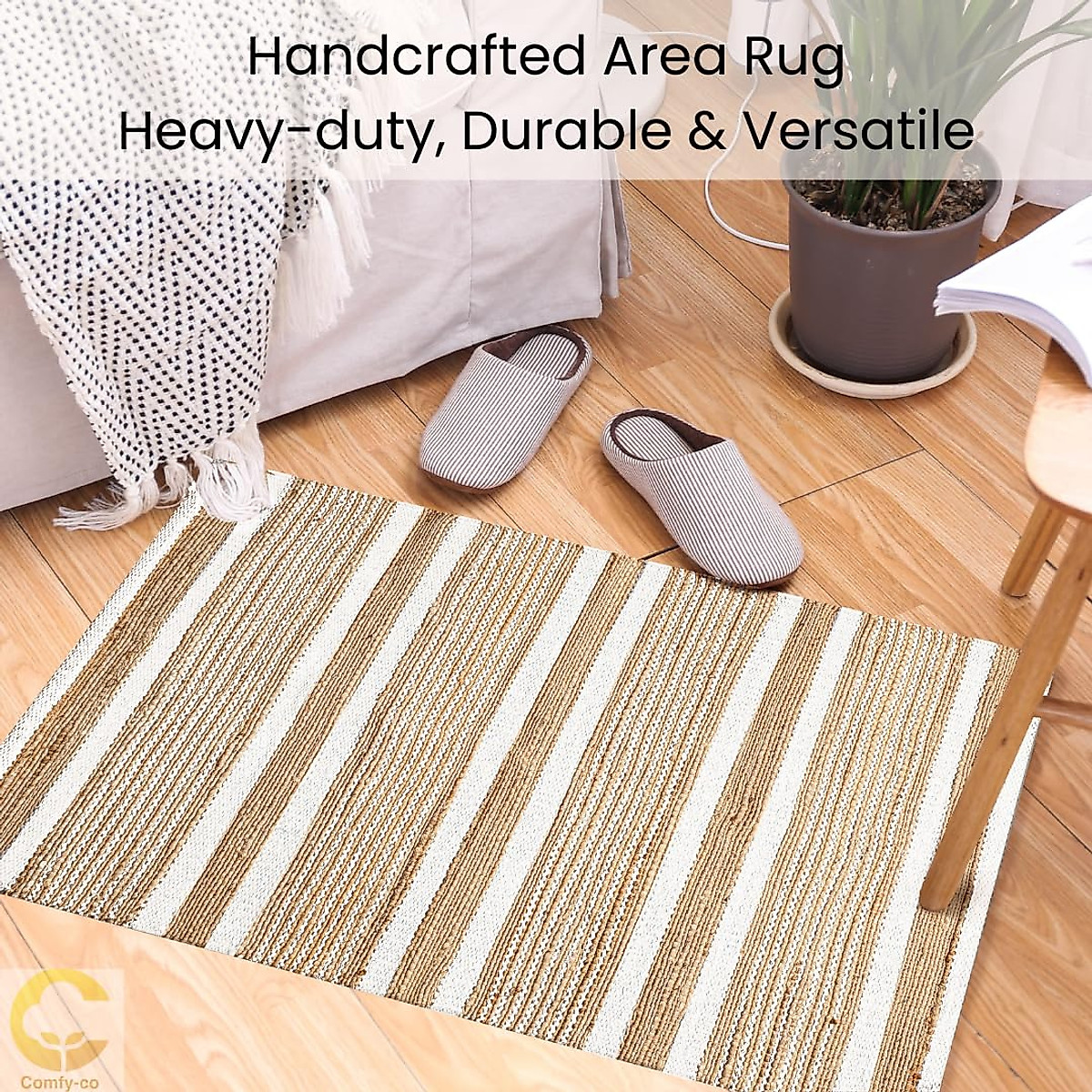 Comfy-co Area Rug 2x3 ft - Hand-woven Jute Cotton Area Rug Boho Farmhouse Rustic - Non Slip Floor Rug for Bedroom Living Room Kitchen Dorm Entryway Hallway - Area Rug Natural/White