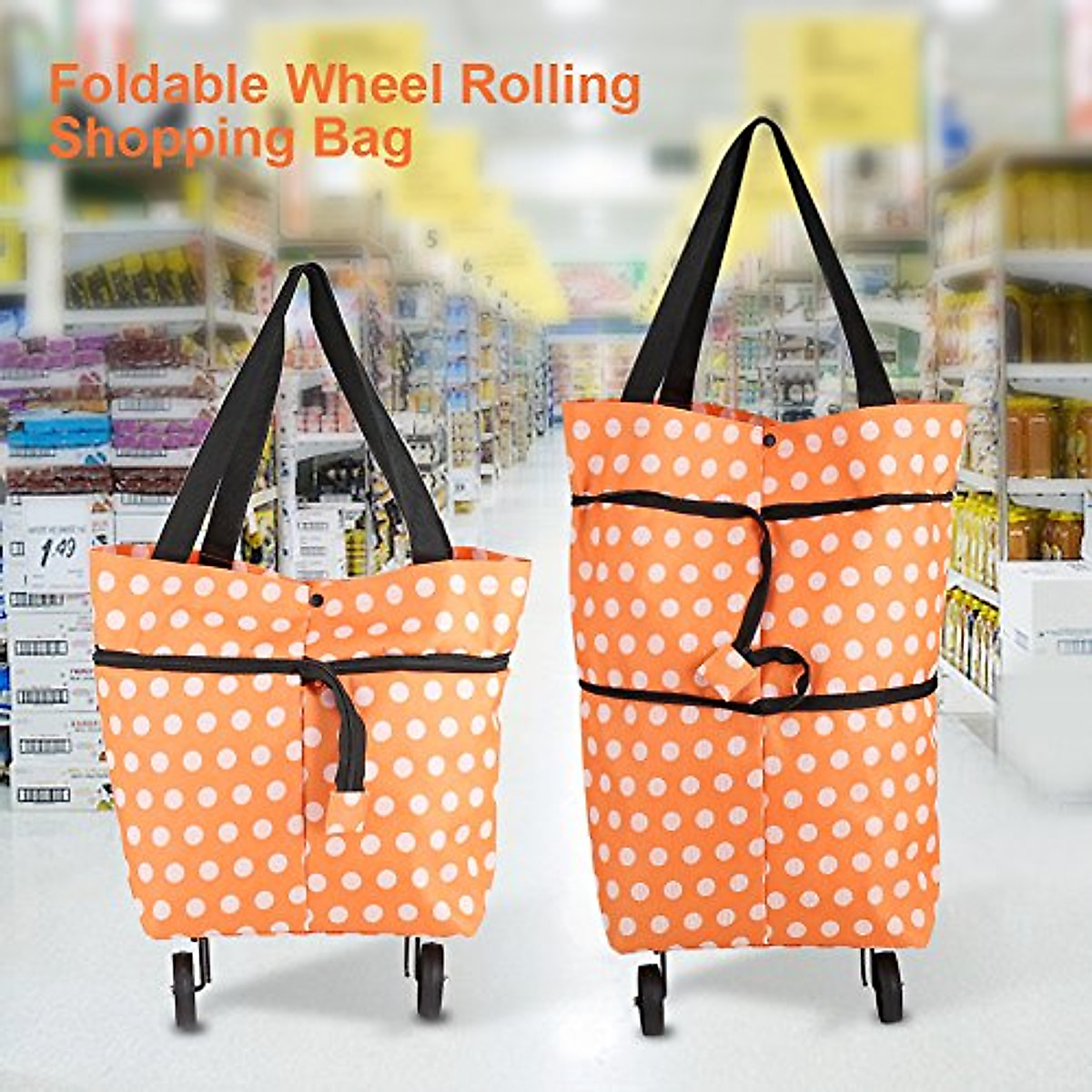 Shopping Bag, Oxford Cloth Reusable Shopping Bags with Wheel Rolling Dual-Purpose Foldable Grocery Bags for Shopping.(12-Orange)