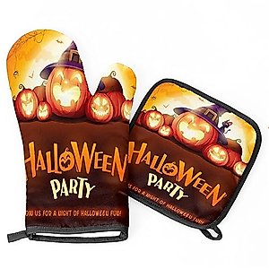 Halloween Party Pumpkin with Witch Hat Oven Mitts and Pot Holders Sets of 2 Heat Resistant Non-Slip Kitchen Gloves Hot Pads with Inner Cotton Layer for Cooking BBQ Baking Grilling