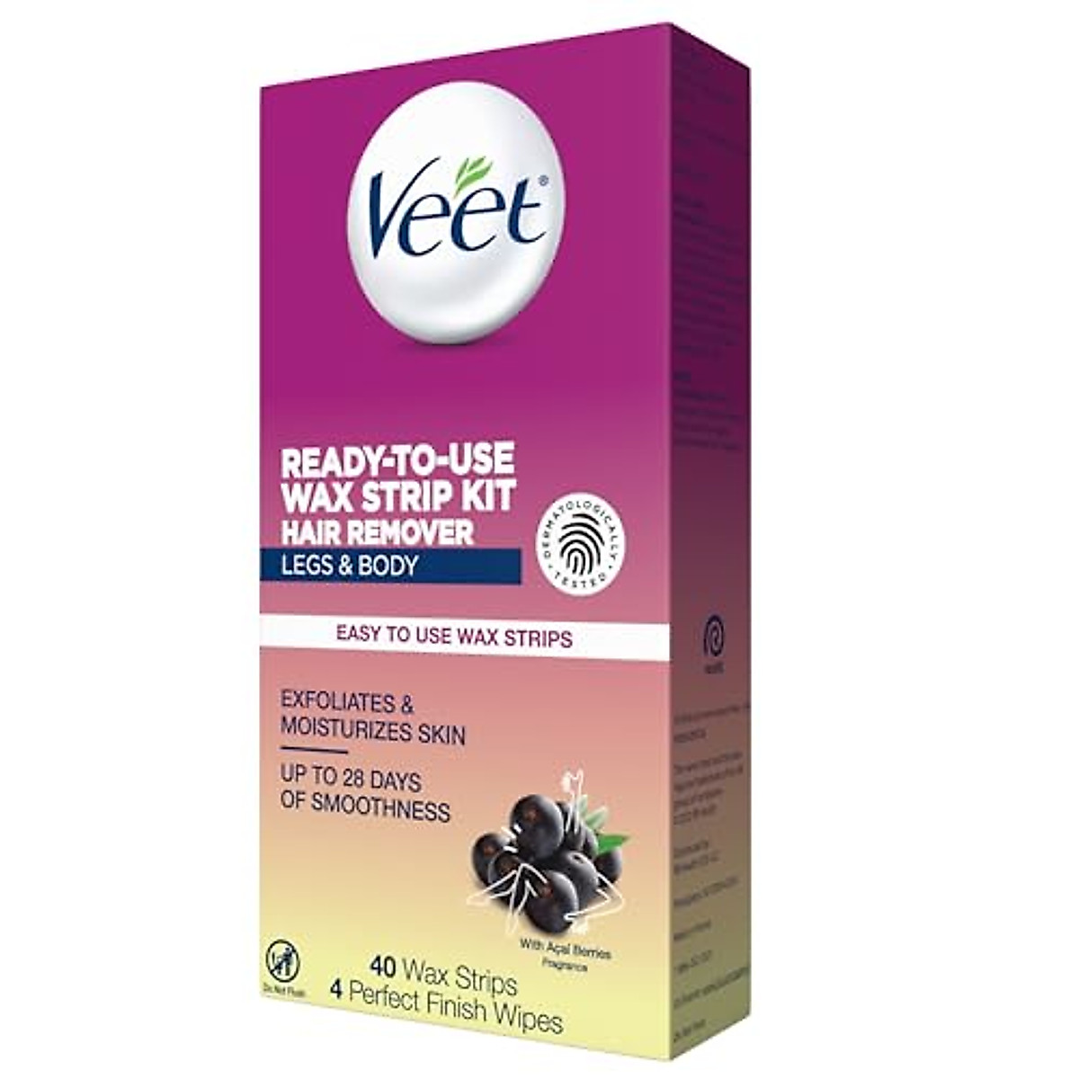 Veet Ready-To-Use Waxing Kit For Women | Wax Strips For Body Hair Removal, Wax Kit For Ingrown Hair Treatment, Personal Care Product, Hair Remover | 40ct Waxing Strips, 4ct Body Wipes