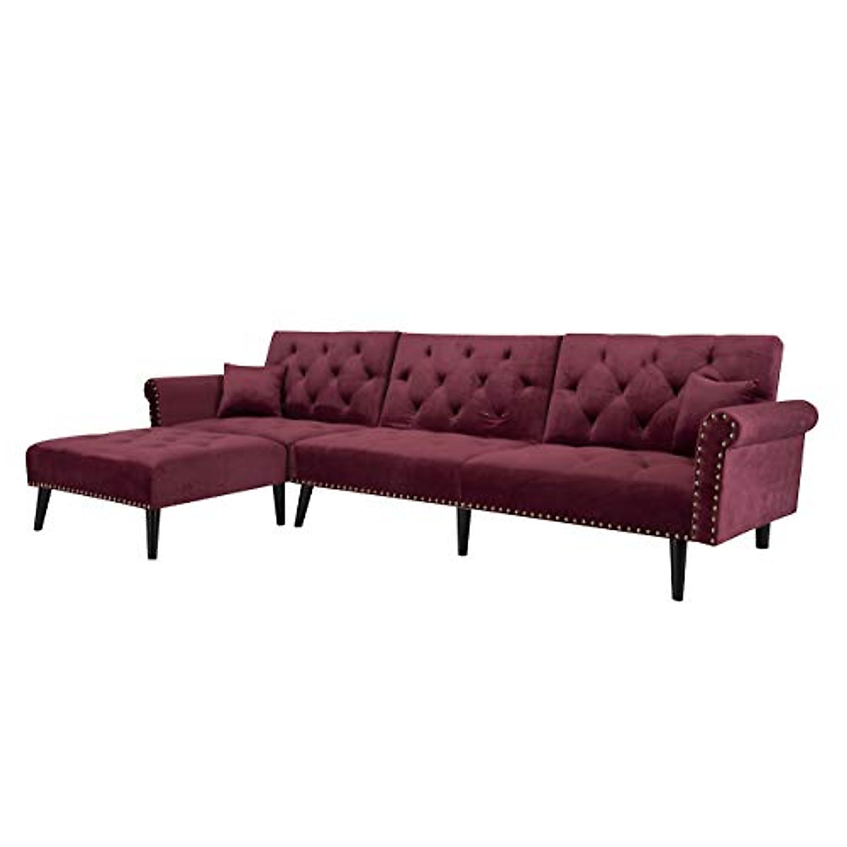 Peciafy Modern Reversible Sectional Sofa Couch for Living Room L-Shape Sofa Couch 3-seat Sofas Solid Wood Legs for Small Space, Decor with Metal Nails - Wine Red