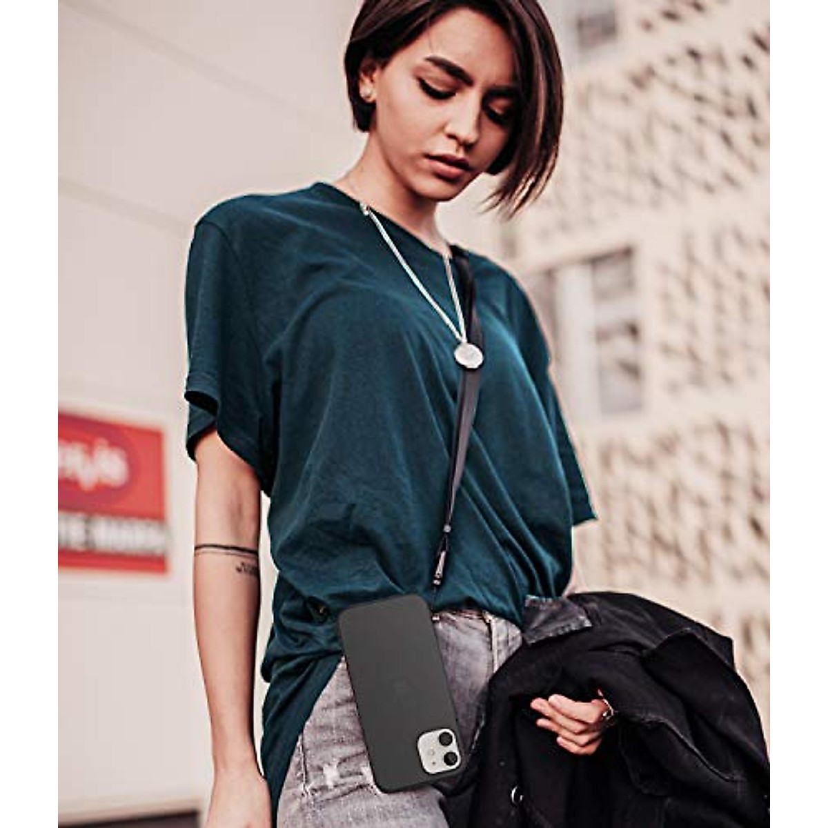 Ringke Air Shoulder Strap Compatible with iPhone 12 Mini Case, Crossbody Necklace Lanyard with Clear TPU Silicone Phone Back Cover for 5.4-inch (2020) - Smoke Black