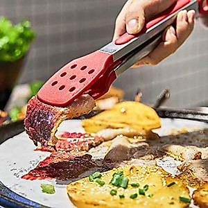 DAILY KISN 9 Inch Kitchen Tongs, Cooking Tongs with Slotted Silicone Tips and Stainless Steel Handle, Non Stick Heat Resistant Tongs for Cooking, Buffet, Salad Serving (9", Red)