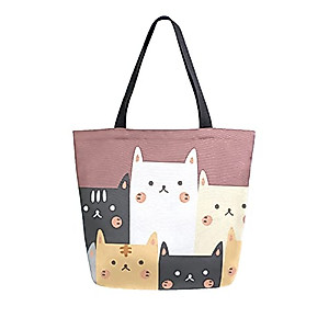 ALAZA Cut Cat Kitten Print Kawaii Large Canvas Tote Bag Shopping Shoulder Handbag with Small Zippered Pocket