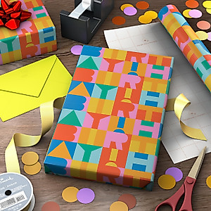 Hallmark Wrapping Paper with Cutlines on Reverse (1 Mini Roll: 17.5" Wide by 27.4' Long; 40 Sq. Ft.) Happy Birthday, Rainbow Block Letters