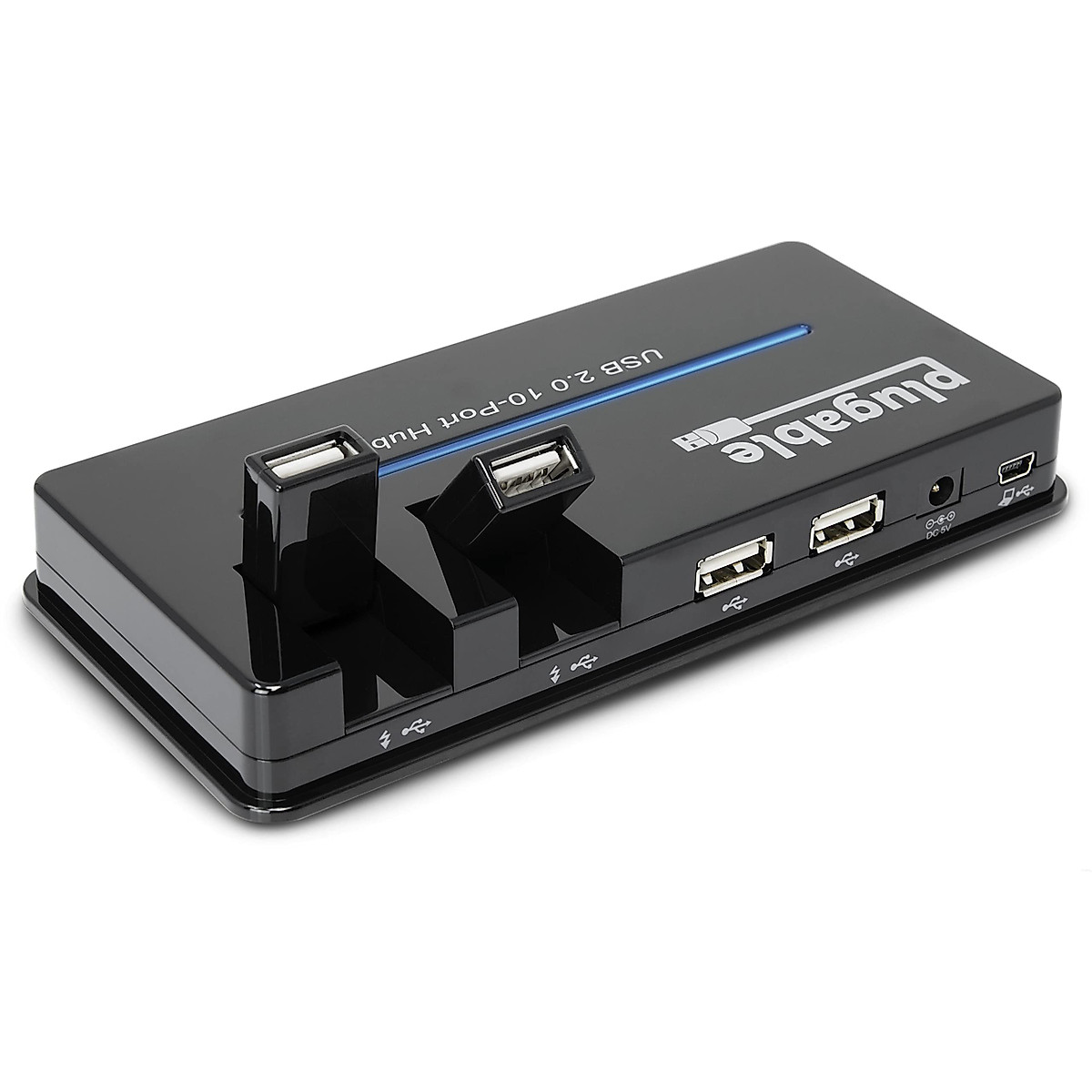 Plugable USB Hub, 10 Port - USB 2.0 with 20W Power Adapter, Two Flip-Up Ports and Driverless
