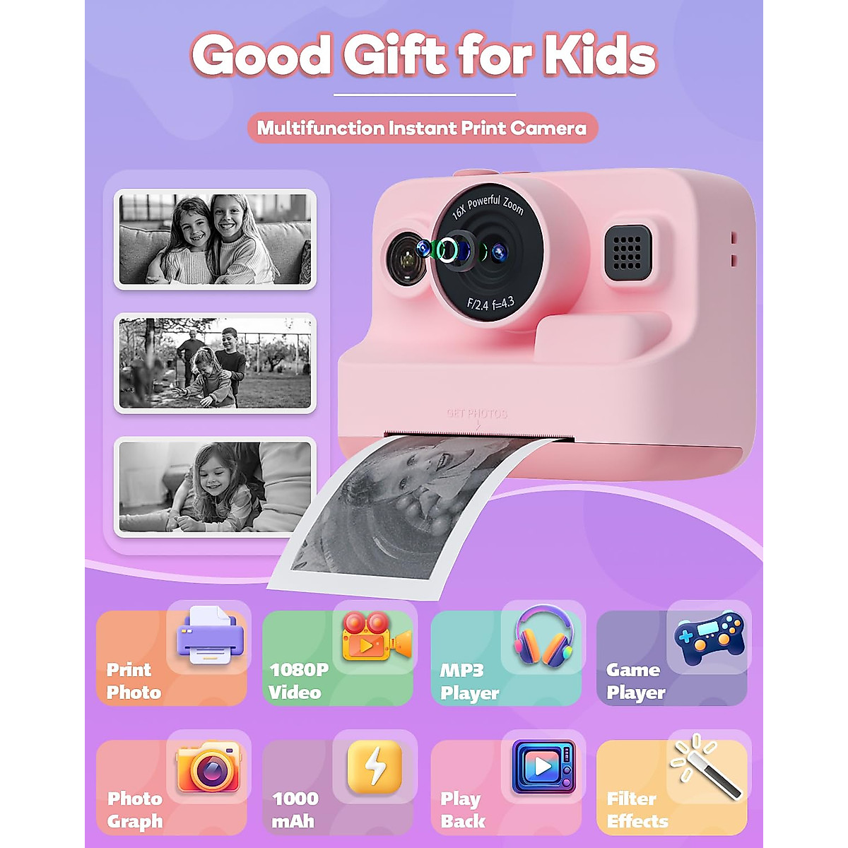 Dylanto Kids Camera Instant Print,1080P Kids Instant Cameras That Print Photos,Christmas Birthday Gifts for Girls Age 3-12,Portable Toy for 3 4 5 6 7 8 9 10 Year Old Girls Boys Pink