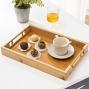 Fashion Bamboo Trays with Metal Handles,Wooden Trays, Bamboo Tray for Eating,Bamboo Sray for organizing,Bar Tray,Breakfast Tray,Great for Parties,Hotel and Outdoors