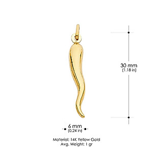 Ioka - 14K Yellow Gold Cornicello Italian Horn 30MM Charm Medium Size Good Luck Pendant For Necklace or Chain