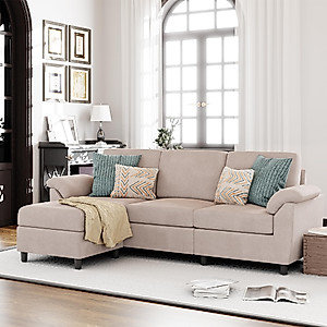 Vongrasig 79" Convertible Sectional Sofa Couch, 3 Seat L Shaped Sofa with Removable Pillows Linen Fabric Small Couch Mid Century for Living Room, Apartment and Office, Khaki