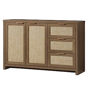 OAKHAM HOME Kitchen Storage Cabinets, Buffet Cabinet with Storage Rattan Sideboard Cabinet Organizer 3 Drawers and 2 Doors Accent Console Table for Kitchen Hallway Living Room bar (Special Walnut)