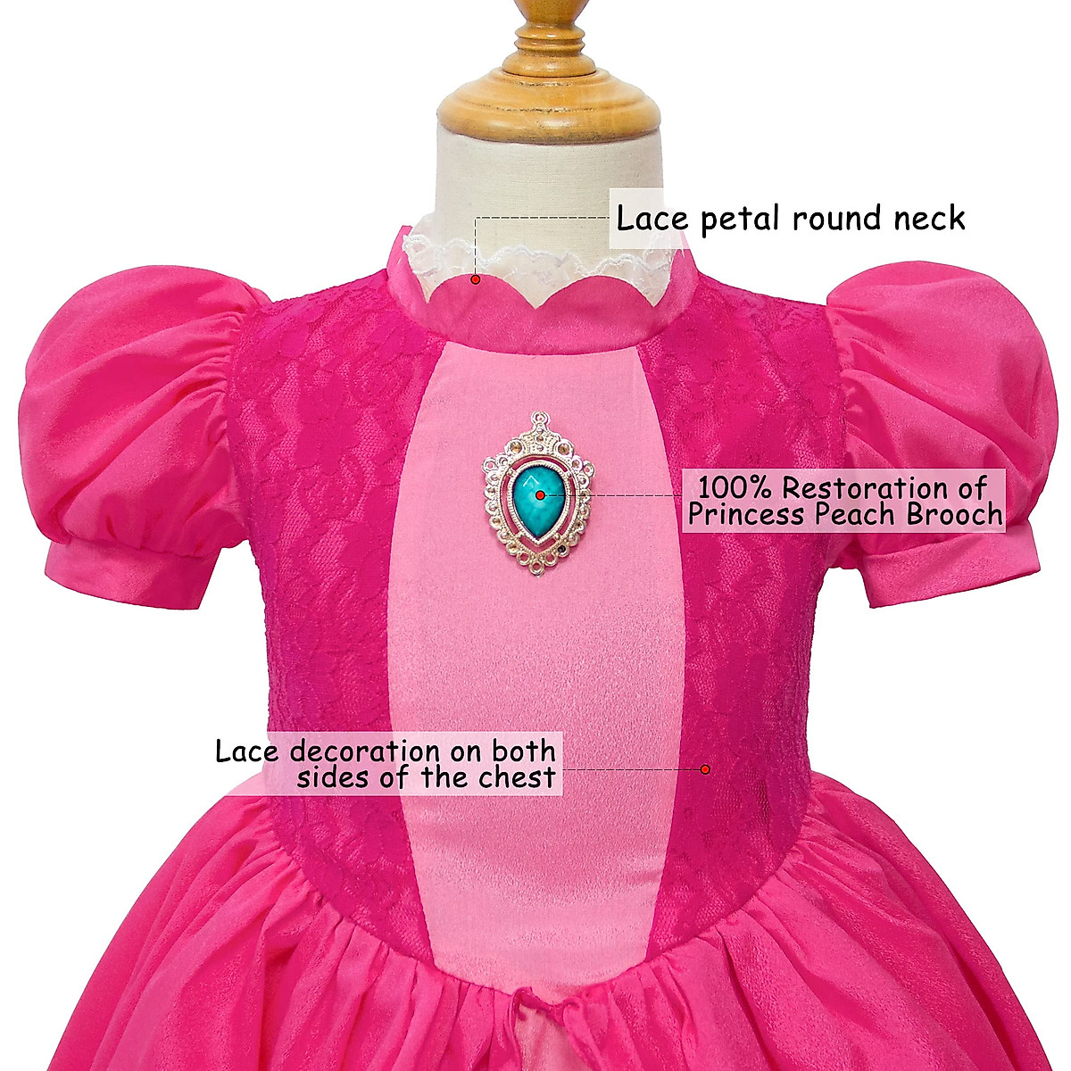 VORLITS Princess Peach Costume Dress For Girls Kids Puff Sleeve Cosplay Dress Up With Peach Crown And Glove