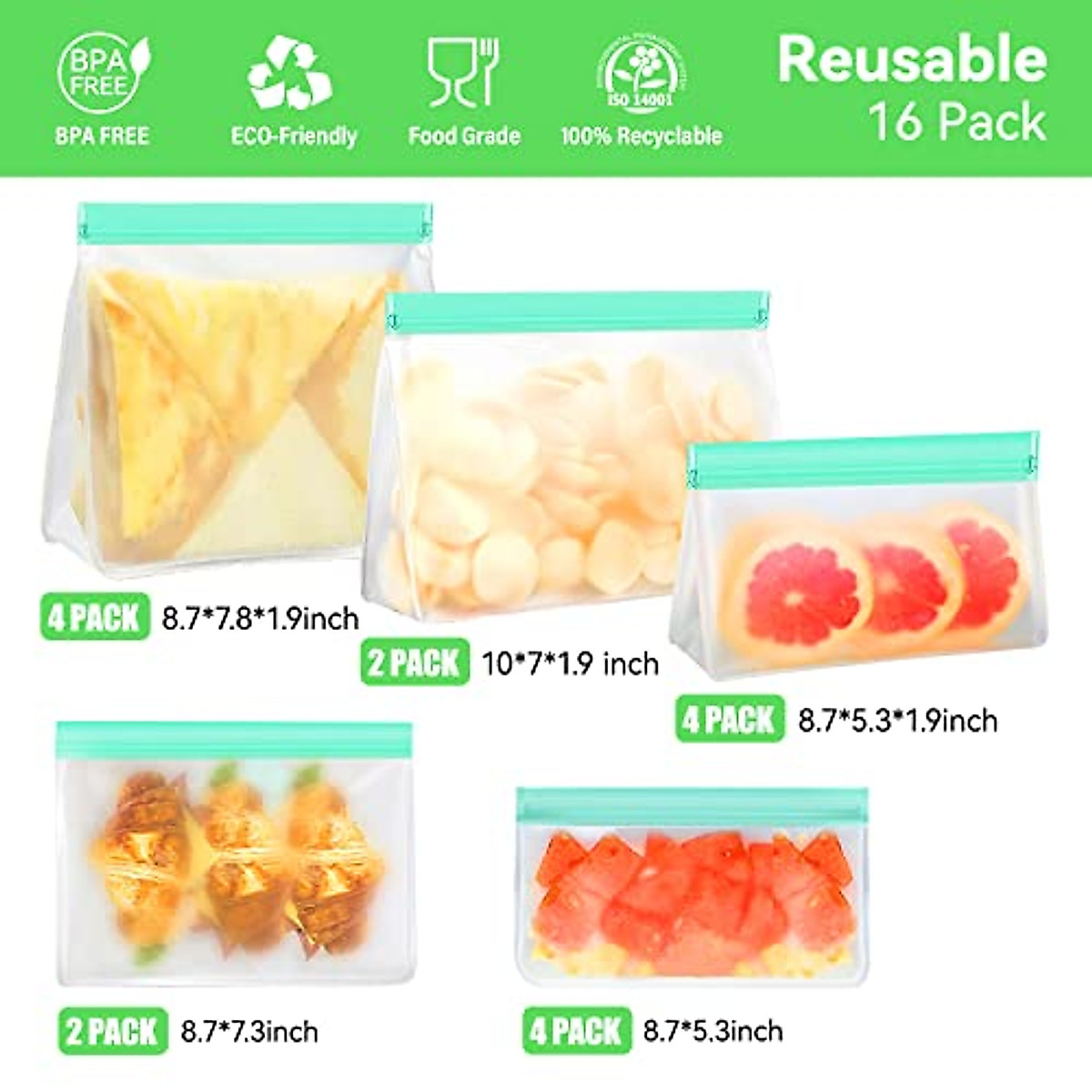 Reusable Food Storage Bags, 16 Pack Reusable Sandwich Bags BPA Free Reusable Freezer Bags, Leakproof Reusable Bags Silicone for Lunch Meat Fruit Veggies Snacks (10 Stand-Up bags+6 Flat bags)