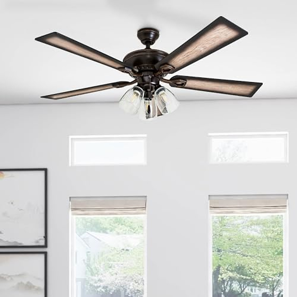 Prominence Home Glenmont, 52 Inch Farmhouse LED Ceiling Fan with Light, Pull Chain, Three Mounting Options, Dual Finish Blades, Reversible Motor - 40278-01 (Oil-Rubbed Bronze)
