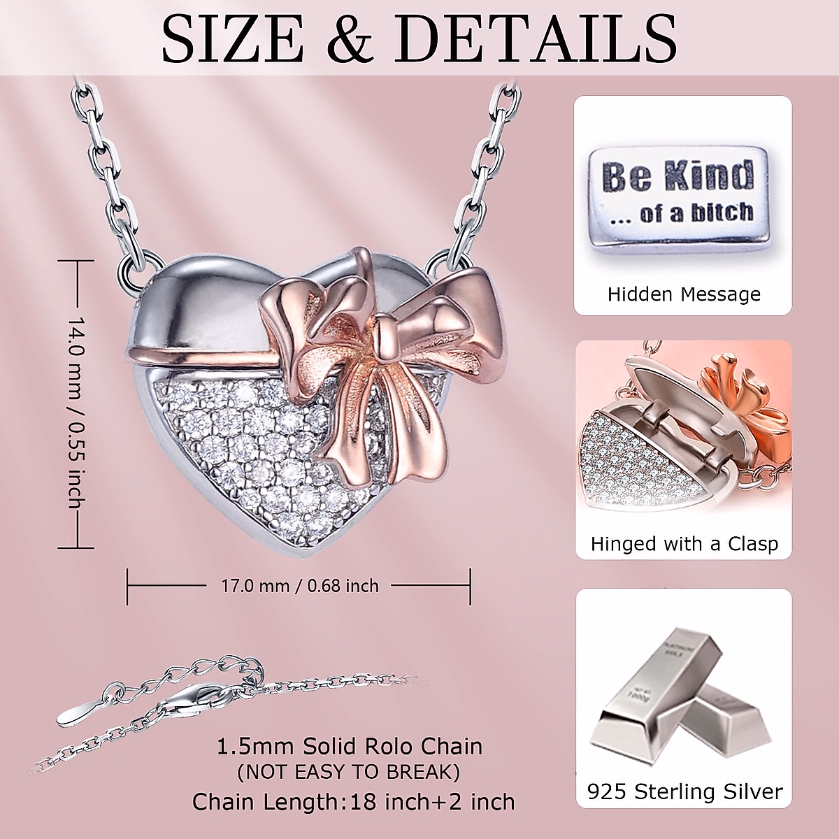 Bolelis 925 Sterling Silver Be Kind of a B Necklace - Heart Sunflower Locket Pendant with Hidden Message, Sorority Sister Jewelry for Confident Women and Couples (Rose Heart)