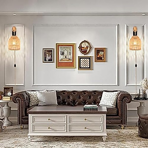 ZECOXOL Rattan Wall Sconce Boho Decor Plug in Set of Two Wicker Lamp with Cord Dimmable Woven Hanging Lamps That Into Outlet Rustic Light for Bedroom Living Room Black 001