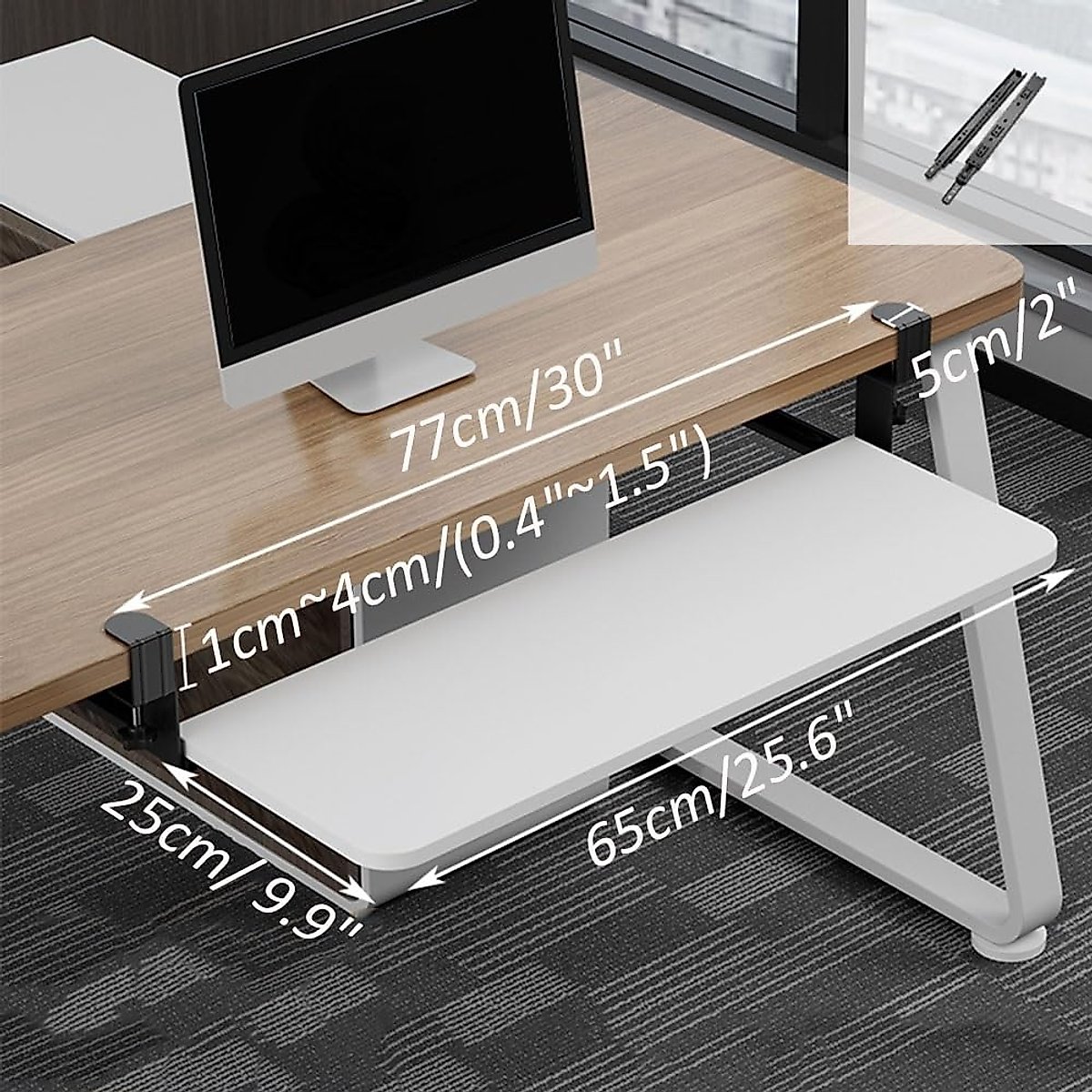 Keyboard Tray Under Desk, Ergonomic Larger Keyboard Tray with C Clamp, Pull Out Platform Computer Drawer, 25.6" x 9.8" (Color : White, Size : 25cmx65cm)