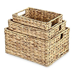 Handwoven Basket Set, 3Pack Water Hyacinth Toilet Paper Basket, Set of Hand-Woven Natural Wicker Storage Basket 14" x 11" x 6 7/8" L, 12 5/8" x 9 7/16" x 5 11/16"M ,11" x 7 7/8" x 4 1/8" S