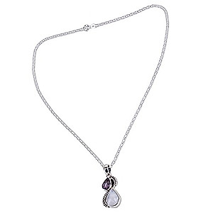 NOVICA Artisan Handcrafted Amethyst Rainbow Moonstone Pendant Necklace | Sterling Silver Teardrop Pendant Necklace | Silver with Faceted Sterling Clear Purple from India Two Teardrop Necklace