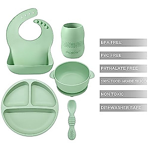 PandaEar Silicone Baby Feeding Set 6-12 Months| Baby LED Weaning Supplies| Infant Toddler Feeding Set| Silicone Baby Bib + Baby Plate with Suction + Baby Cup + Baby Bowls and Spoon First Stage Set
