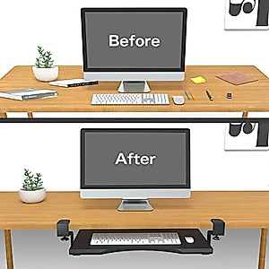 Ergonomic Under Desk Keyboard Tray with Curved Design, C-Clamp Mount, Smooth Sliding Rails, and Durable Steel Construction for Comfortable and Efficient Workstation