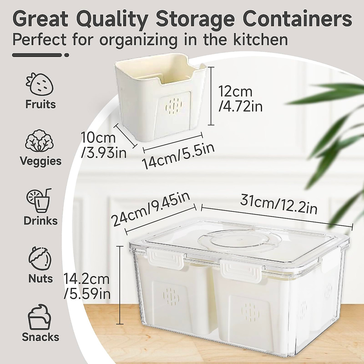 banmagately Airtight Fruit Storage Containers for Fridge, Portable Refrigerator Organizer Bins with 4 Removable Fruit Drainer Containers, BPA-Free Produce Saver for Fruits and Veggies (White)